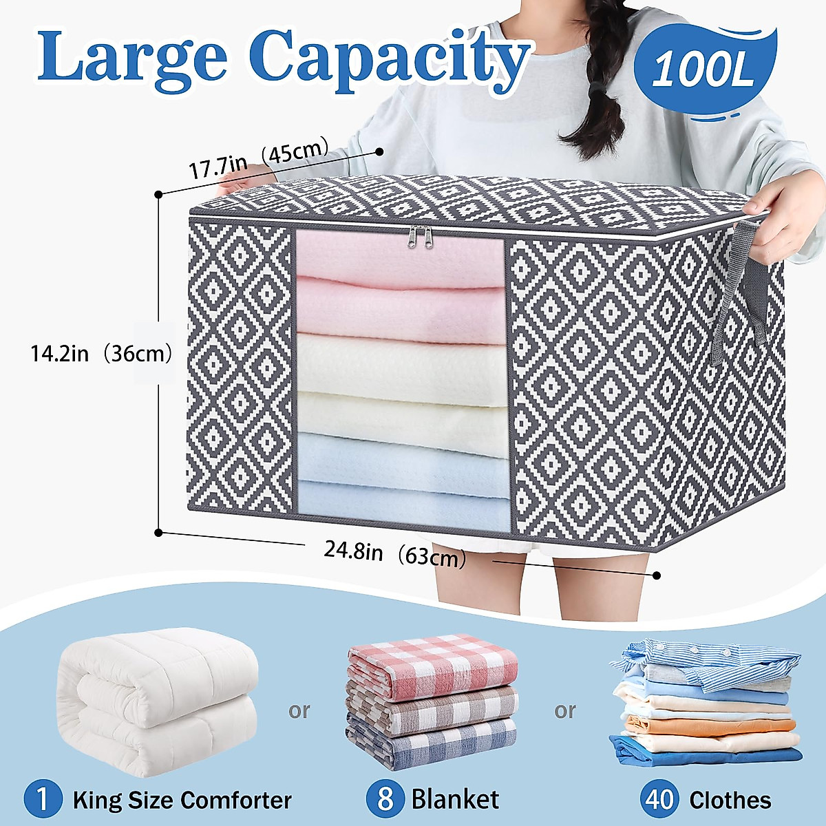 StorageTastic Direct 100L Storage Containers, Large Clothes Storage Bins Foldable Organization and Storage Bags with Reinforced Handle, Clear Window for Bedding, Blankets, Clothing, 3 Pack, Grey