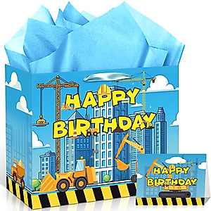 CASLON 1Pc Construction Birthday Gift Bag with Tissue Paper and Card, Blue Construction Birthday Wrapping Paper Bag Construction Truck Party Gift Bag Christmas Gift Bag for Boys Construction Birthday