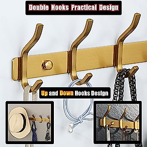 Alise Coat Rack Wall Mount,Coat Hanger Rail with 8 Double Coat Hooks for Hanging Coats Bathroom,SUS304 Stainless Steel Towel Hanger Hook Racks for Purse Clothes Entryway Jacket Hats,Gold Finish