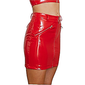 Yimeili Women's Red Leather Skirts High Waisted Shiny Mini Pencil Latex Skirt (L-Red Mini Skirt)