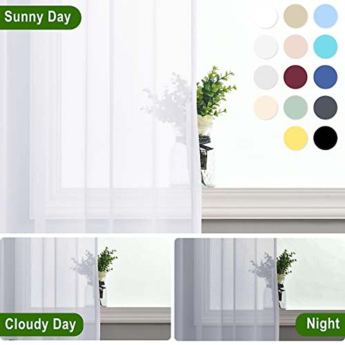 Hiasan White Sheer Curtains for Bedroom with Tiebacks, Lightweight Airy Breathable Voile Drapes Light Filtering Rod Pocket Window Curtains for Living Room, Nursery, W52 x L63, 2 Soft Panels