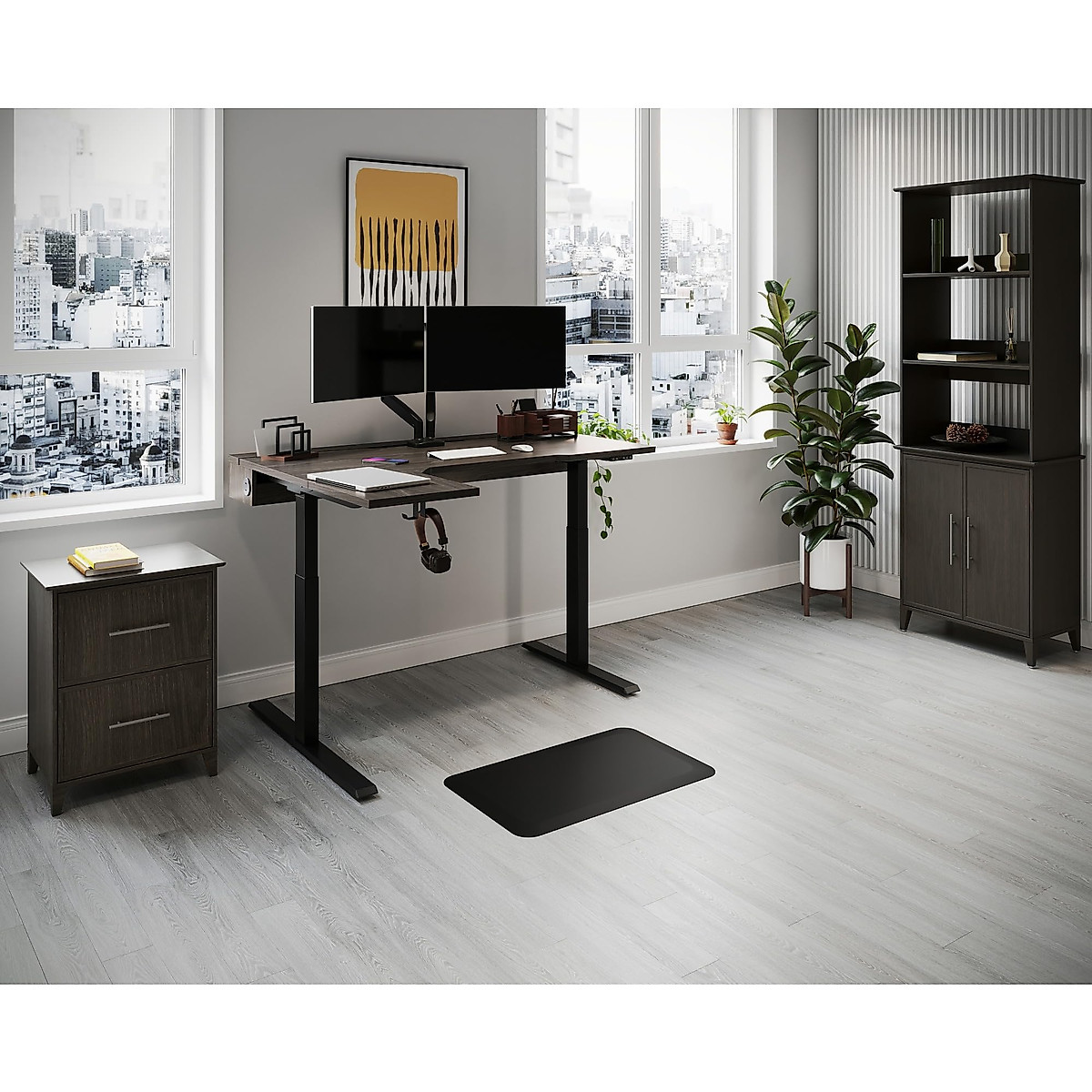 Realspace® Koru Electric 59"W L-Shaped Height-Adjustable Standing Desk with Integrated Power & Charging, Espresso Oak