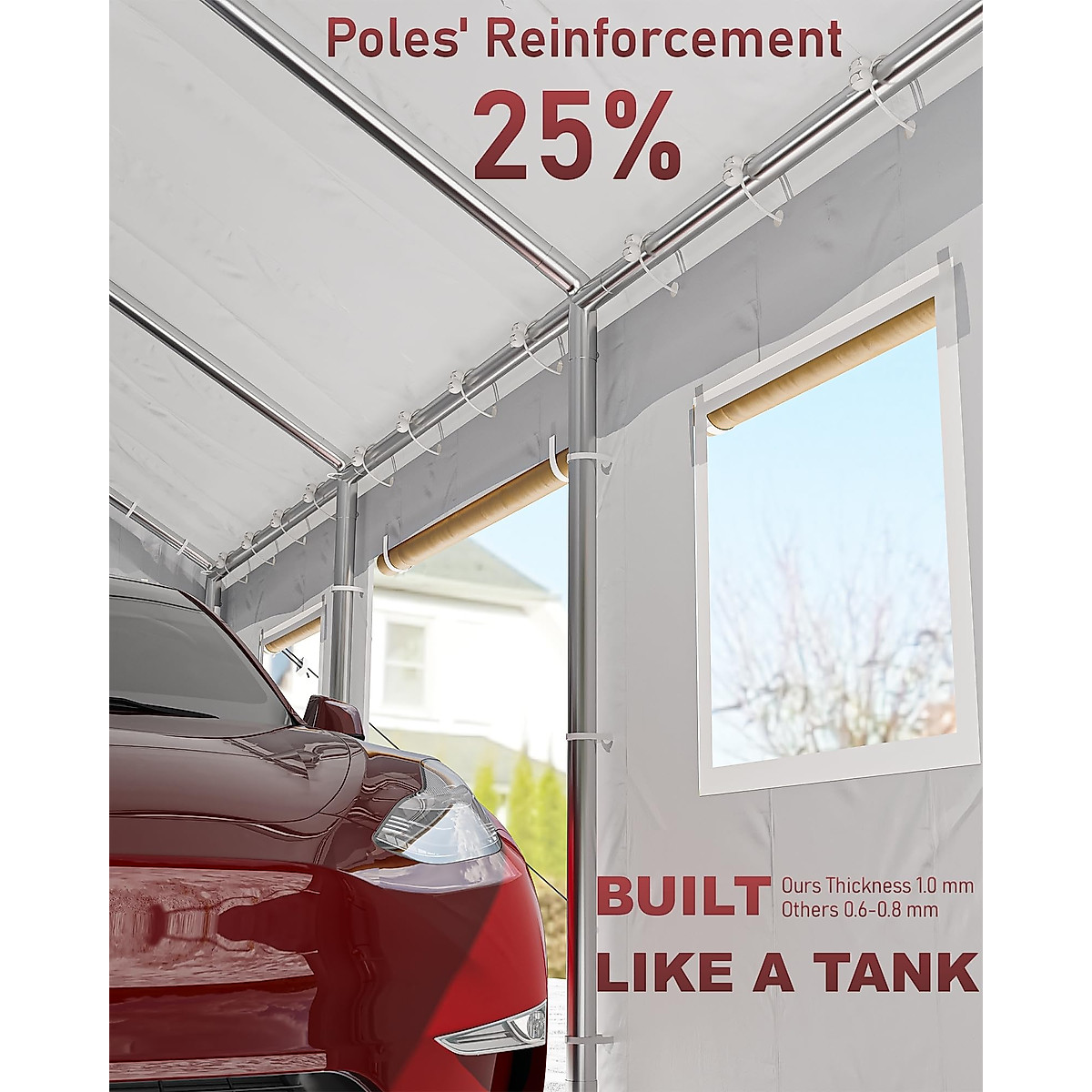 DEXSO Carport 10'x20' Heavy Duty Portable Garage, 1.0 mm Steel Poles & 180 g PE Waterproof Canopy, with Front & Rear Doors, 2 Side Doors, and 4 Windows, for Pickup Truck, and Boat, Khaki