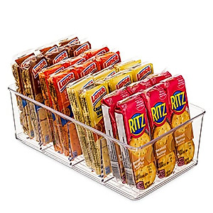Set Of 4 Plastic Food Storage Organizer Bins - Divided Compartment Holder for Snacks, Packets, Pouches Stackable Fridge Organizers for Freezer, Kitchen, Cabinets - Clear Plastic Pantry Storage Rack