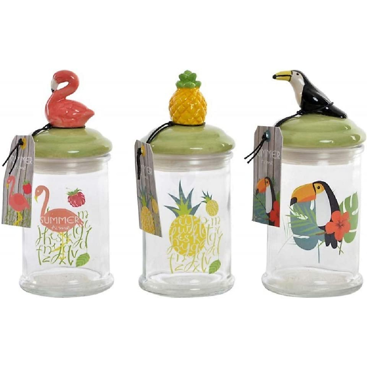 Glass Canister Jars with Tropical Ceramic Tops - Set of 3 Assorted Styles, 7.28"