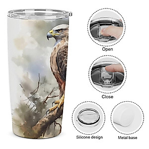 20 Oz Tumbler With Straw Leak Proof Thermos Cup, Watercolor Of Hawk Sitting In The Tree Stainless Steel Insulated Travel Coffee Mug Fit for Car Cup Holder