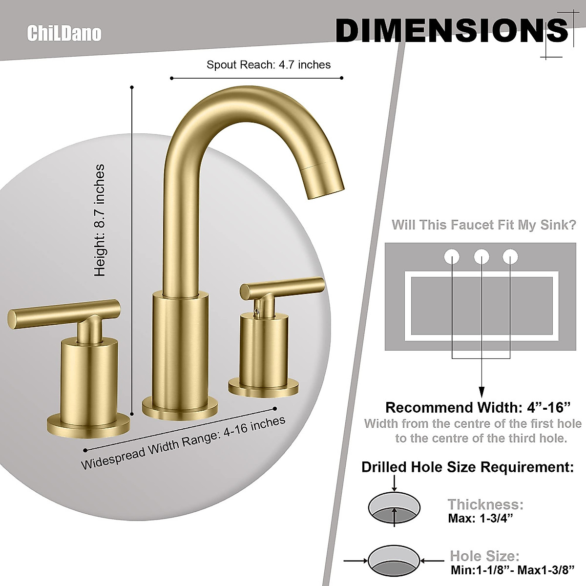 Brushed Gold Bathroom Faucet with Sink Drain and Supply Hose, 8 inch Widespread Bathroom Faucet 3 Hole, ChiLDano Gold Bathroom Faucet CH2183BG
