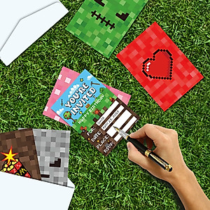 ZOIIWA Pixel Party Invitations with Envelopes, 30 Pieces, Video Game Themed Birthday Party Decorations