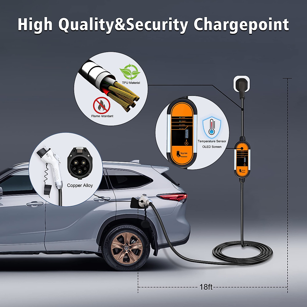 feyree Level 2 EV Charger,110-240V Home Flex Electric Vehicle Charging Stations with 18ft Extension Cord, EV Charger Overheating Protection Level 1-2 EV Charger NEMA 5-15 Adapter