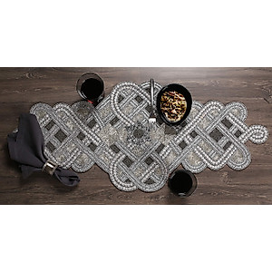 Alpha Living Home Handmade Fancy Scrolled Embroidery Beaded Table Runner for Tabletop and Kitchen Grey/Silver - Home Decor Mat for Wedding Party Family Gathering - Pack of 1 Measure 15.5 x 35 inches