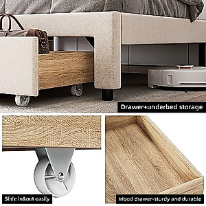 GAOMON King Size Bed Frame with 2 Storage Drawers, Upholstered Platform Bed Frame with Storage Headboard and Charging Station, Mattress Foundation with Solid Wooden Slats Support, No Box Spring Needed, White