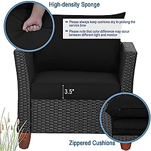 Tangkula 3 Pieces Patio Porch Furniture Set, PE Rattan Wicker Chair Conversation Set with Cushions and Storage Table, Outdoor Acacia Wood Bistro Set for Garden, Poolside (Black)