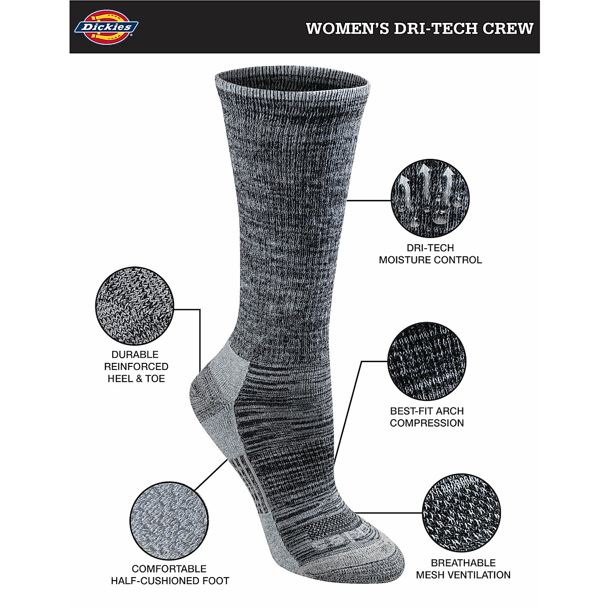 Dickies Women's Dri-Tech Fashion Moisture Control Crew Socks (5/6/12 Pairs) (S-XL), Black Heathered (6 Pairs), Large