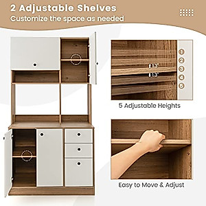 Giantex Kitchen Pantry, Buffet Hutch with 3 Storage Cabinet, 71'' Floor Large Cupboard with 3 Deep Drawers, Wide Countertop, Adjustable Shelves, Tall Sideboard (White & Natural)