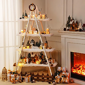 Quzzil Christmas Village Display Shelves 4 Tier Ladder Bookshelf A Shaped Bookcase with Artificial Snow Blanket Tall Wooden Ladder Shelf Storage Organizer for Living Room Home Office (White)