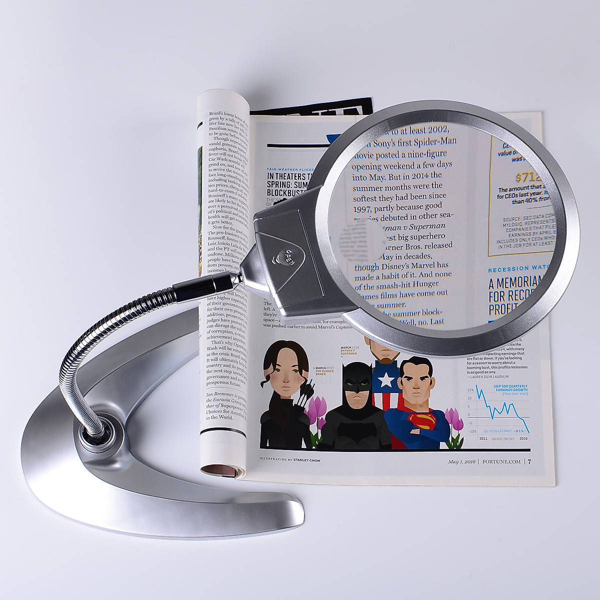 XYK Large 2X 5X LED Lighted Magnifier with Stand - Folding Design with 2 LED Lamp and Jumbo 5.5 Inch Lens - Best Hands Free Magnifying Glass with Light for Reading