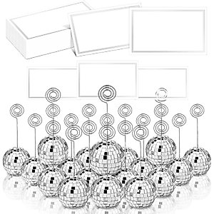 Uiifan 20 Set Picture Holders Disco Ball Table Name Card Holder Disco Ball Table Number Stands Photo Holder with Swirl Wire and Place Cards for Display Menu Wedding Party Birthday (Silver,2 Inch)