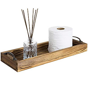 MyGift 16-inch Rustic Burnt Wood Toilet Tank Tray Organizer Storage Bathroom Vanity Tray with Vintage Brass Metal Handles