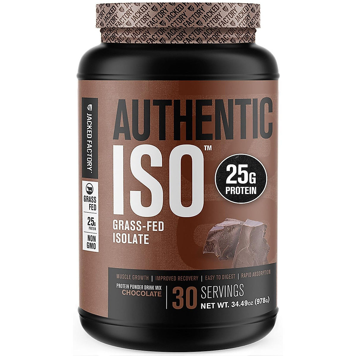 Jacked Factory Authentic ISO Grass Fed Whey Protein Isolate Powder - Low Carb, Non-GMO Muscle Building Protein w/No Fillers, Post Workout Recovery, Chocolate