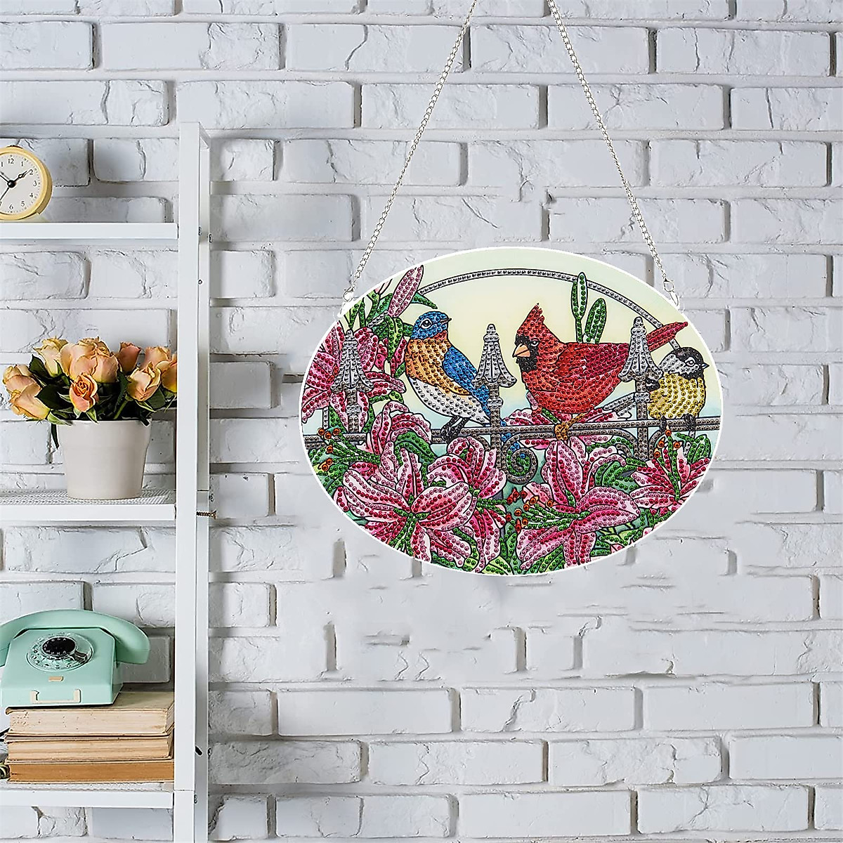 LYENYI DIY 5D Cardinal Bird Diamond Painting Kits Hanging Sign Wall Art Special Shaped Crystal Flowers Birds Window Pendants Home Garden Door Kits, Clear