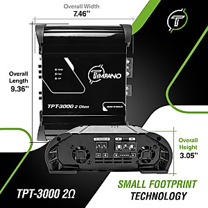 Timpano TPT-3000 2 Ohm Compact Amplifier 3000 Watts, 1 Channel, Full Range Amp Class D for The Installation of Car Speakers, Loudspeakers, Drivers and Tweeters on Car Audio Systems