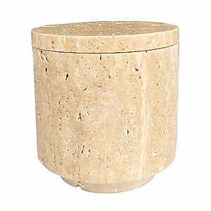 StonePlus Natural Marble Hole Stone Cosmetic Cotton Swab Sundry Small Tank Storage Box Jar with Lid (Yellow Travertine)