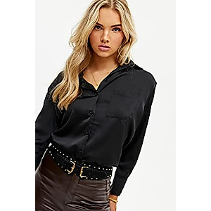 Pausus Women's Silk Button Down Shirts for Women Long Sleeve Business Office Black Satin Blouses Tops with Pocket（Black,S）