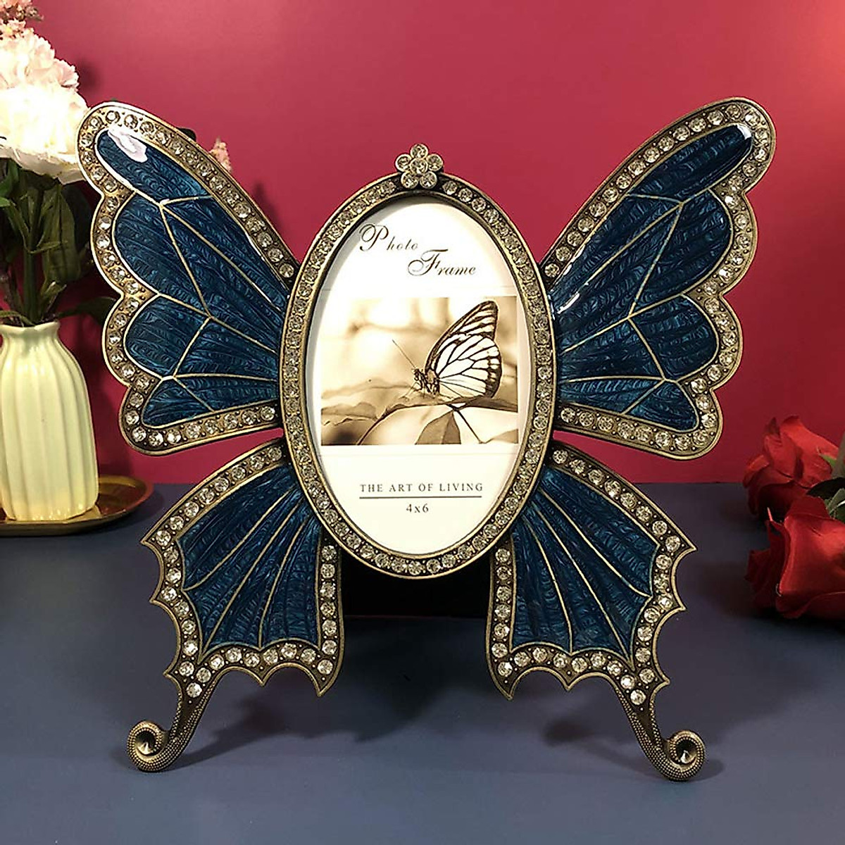 soofylia Retro Metal Butterfly Frame with Rhinestones Indigo Photo Frame 3.5 × 5 Room Decor Perfect for Wedding, Baby Birth Anniversary, Vacation, Graduation, Housewarming or any Memorable Photos