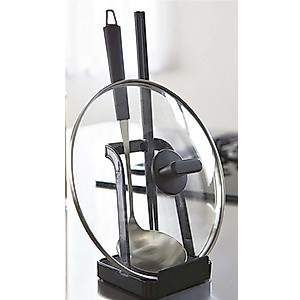 Tayro Pot Lid Holder: Steel Lid Stand for Cooking Utensils in Kitchen, Multipurpose Spoon Rest, Spatula, iPad, Book, Cutting Board with Washable Drip Tray. (3.9 x 3.9 x 5.9, Black)