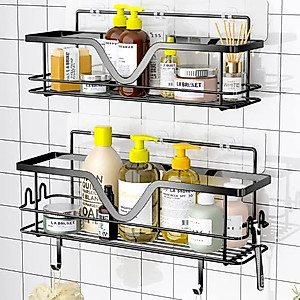 SIXDOVE Shower Caddies 2 PACK - No Drilling Adhesive Shower Organizer with Hooks, Rustproof SUS304 Stainless Steel Bathroom Shower Shelf, Shower Rack Large Shower Holder & Kitchen Storage(Matte Black)
