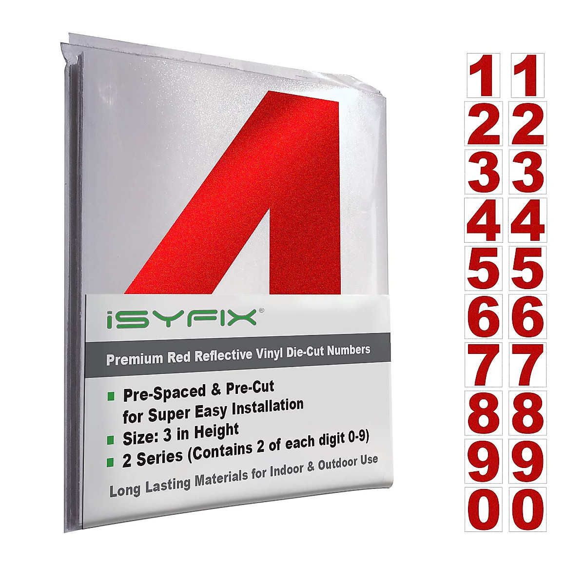 iSYFIX Reflective Red Vinyl Numbers Stickers – (2 Sets) 3 Inch – Premium Self-Adhesive Decal Die Cut and Pre-Spaced for Mailbox, Signs, Window, Door, Cars, Trucks, Home, Business, Address Number