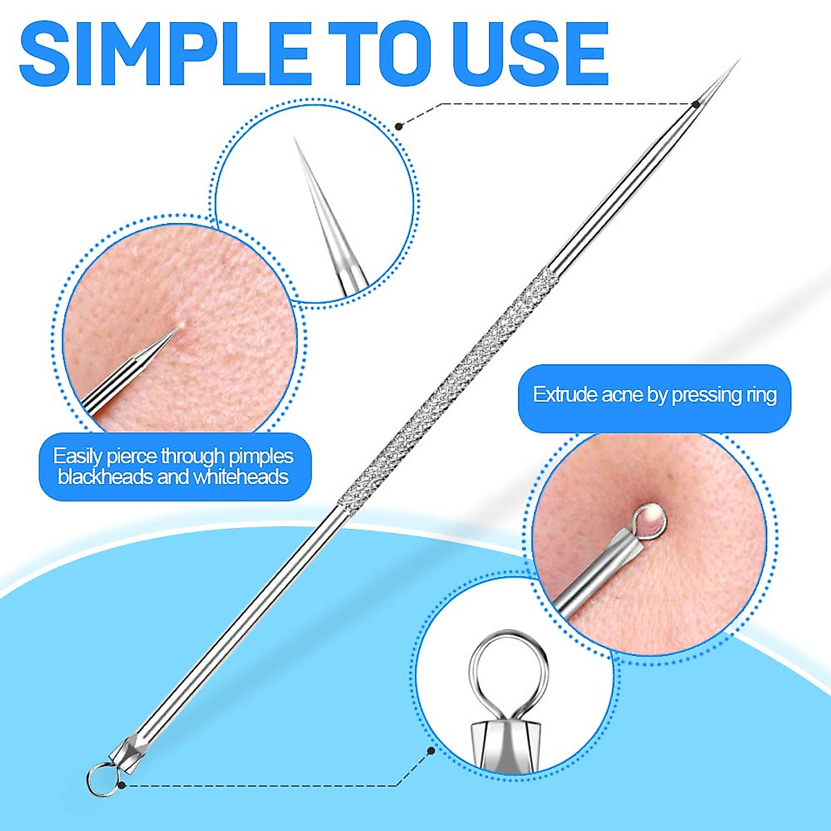 Teenitor Pimple Extractor Acne Treatment Tool Surgical Grade Blackhead Comedone Removal 2-in-1 Popper Tool for Face Nose Blackhead Extractor Tool Silver