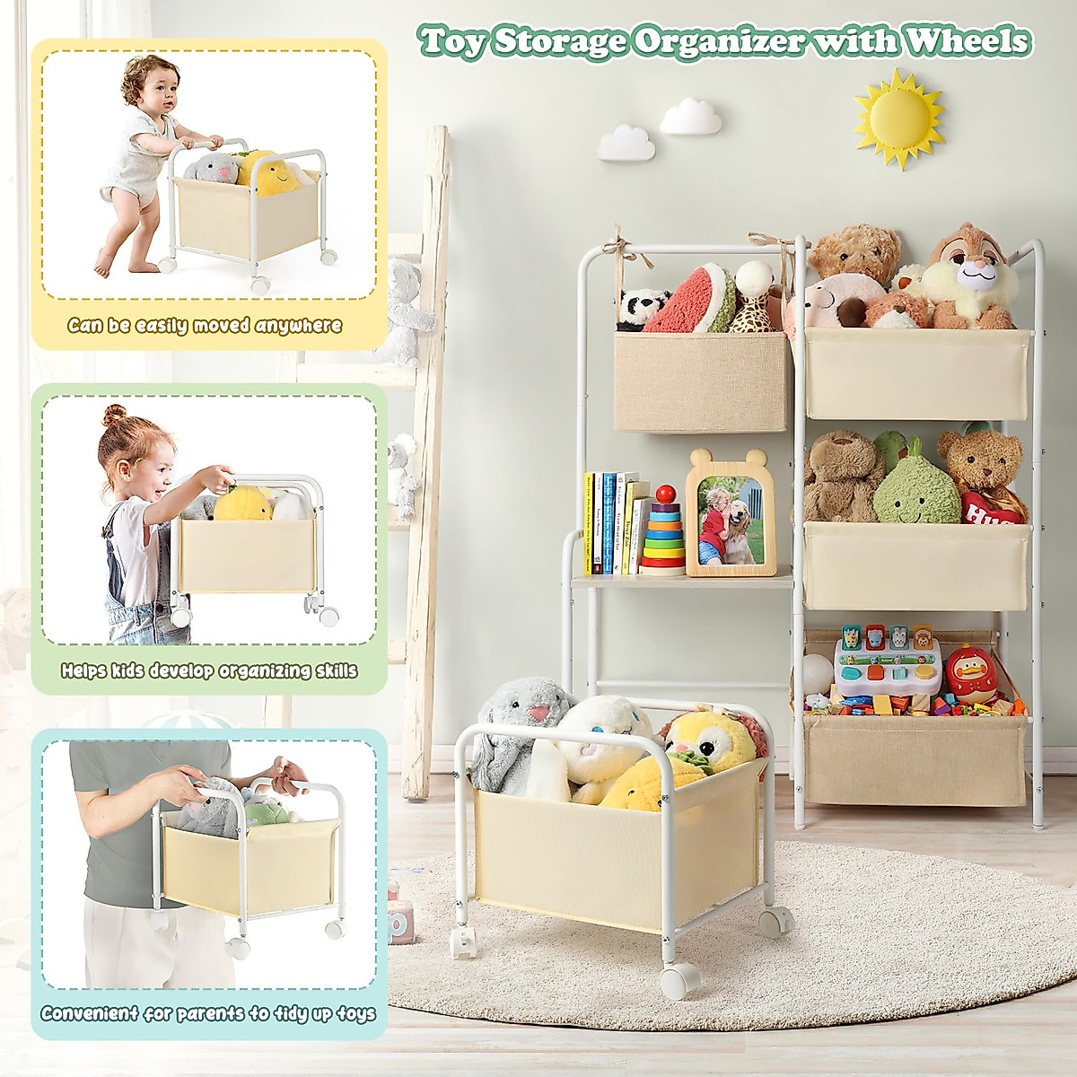 Ekero Toy Storage Organizer, Montessori Toy Shelf for Kids, Toy Organizer with 5 Toy Bins, Toy Chest for Girls and Boys, Toy Storage Basket, Large Toy Box for Living Room Playroom Nursery Kids Room