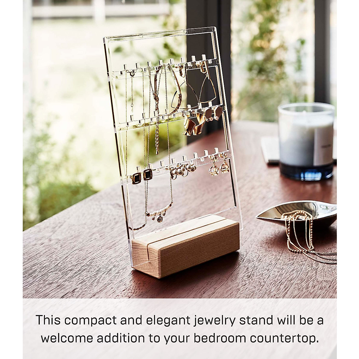 Yamazaki Home Rin Jewelry Organizer Stand Earring Necklace Bracelet Standing Display Holder Storage, Natural Wood Box - Abs Plastic