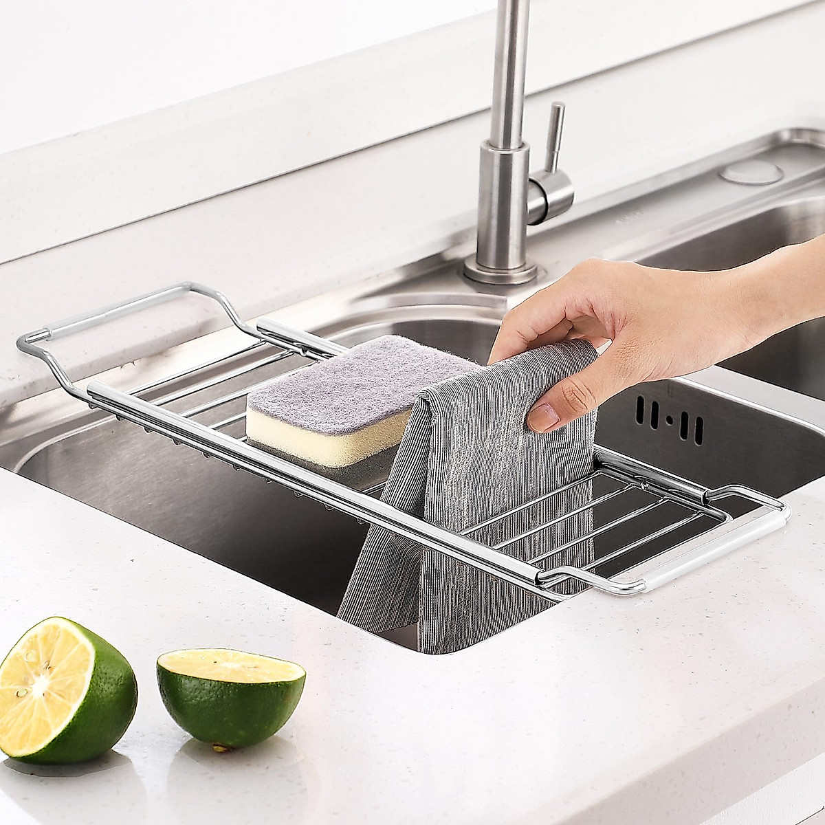susunnus Stainless Steel Telescopic Kitchen Sink Storage Rack Caddy Sponge Holder Expandable Over The Sink Rack Organizer 4.72" x 16.14" x 0.78"