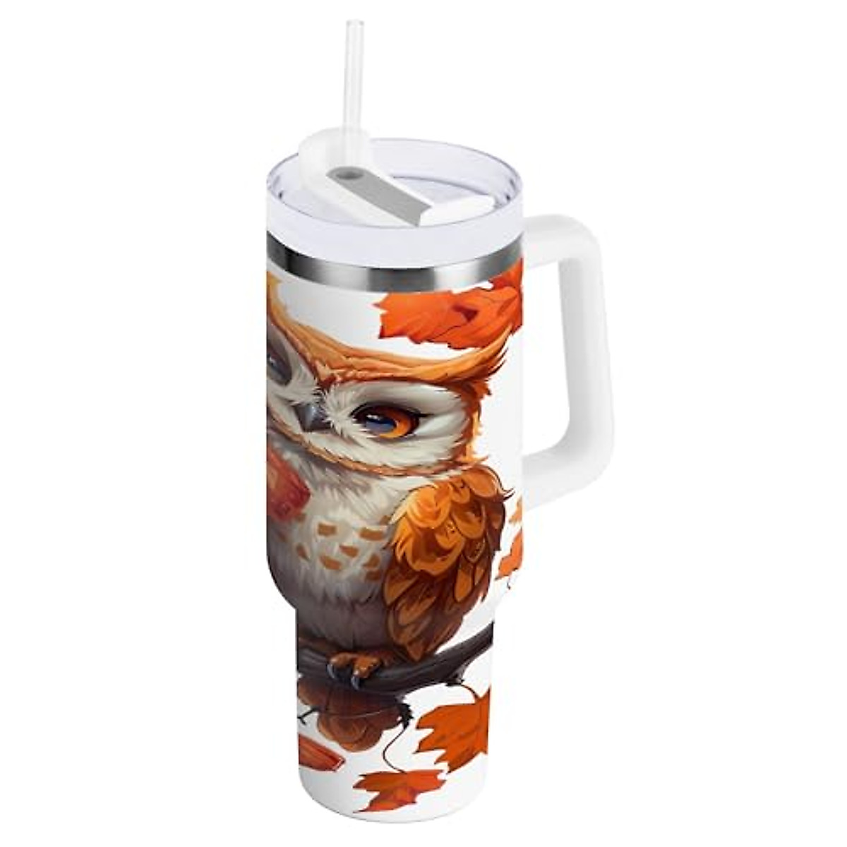 ODAWA Owl Maple Leaf Travel Coffee Tumbler 30 Oz Travel Mug with Handle and Straw