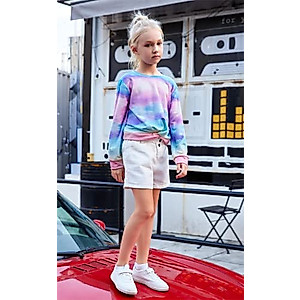 Arshiner Girls Casual Twist Front Light Weight Sweatshirt Tie Dye Printed Long Sleeve Crop Tops Pullover Size 7-8 Years