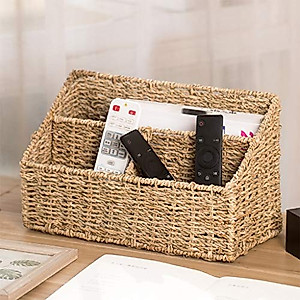 Storage Newspaper Baskets Straw Remote Control Yellow Desktop Rack Bookshelf Newspaper Rack Cosmetics Handmade Rack (Color : Yellow, Size : 30.59.518.5cm)