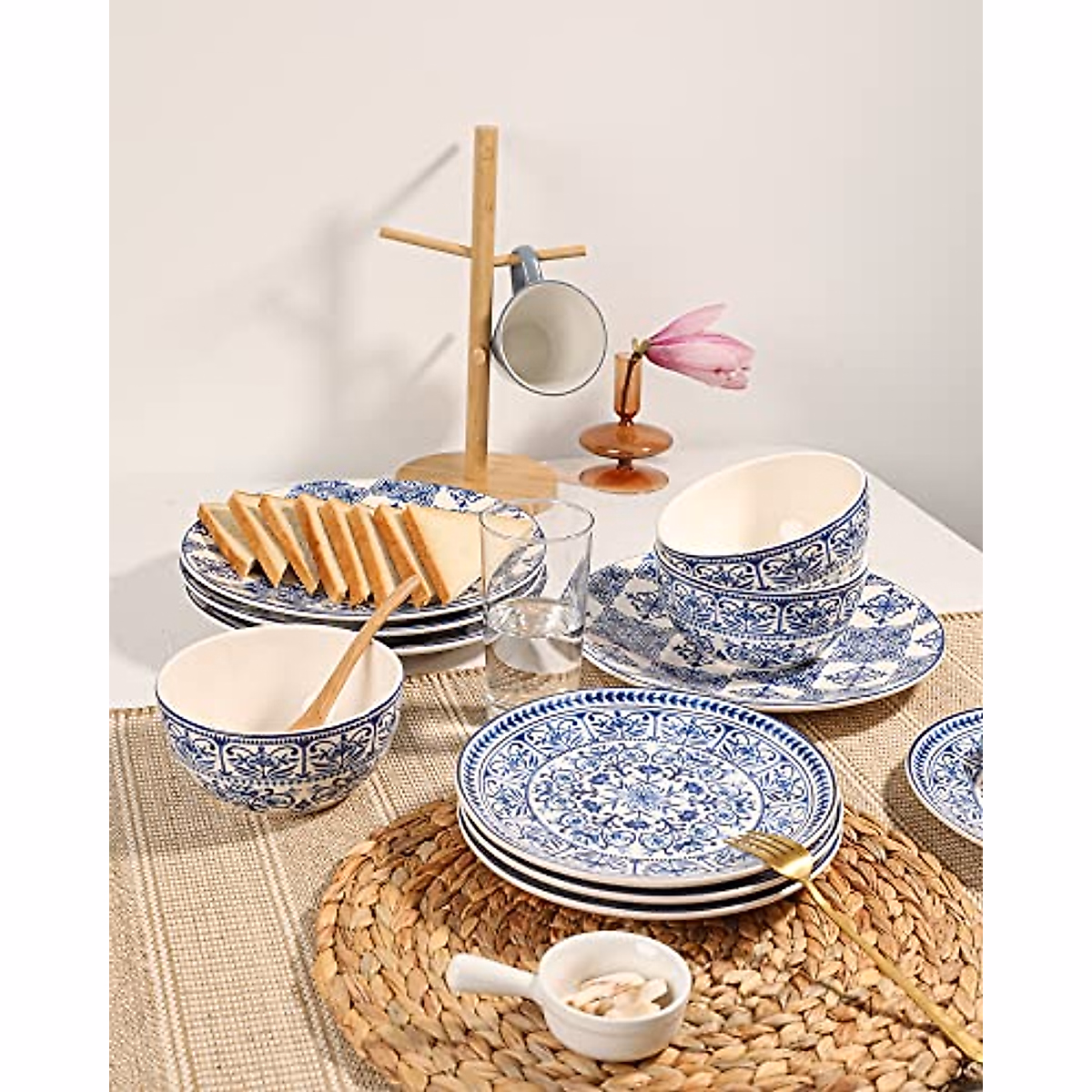 Sonemone 8.75 Inch Marrakesh Tile Floral Salad Plates, Blue Ceramic Plates Set of 4, for Salad, Pasta, Pancakes, Steak, Microwave & Dishwasher Safe