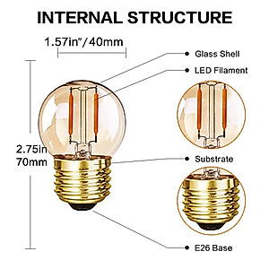 G40 Edison LED Filament Mini Globe Light Bulbs 1W Equivalent to 10Watt Incandescent - E26 Screw Base Led Bulbs Ultra Warm White 2200K Decorative Lighting Non Dimmable Amber Glass
