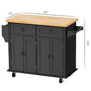Squireewo Kitchen Cart with Rubber Wood Top Breakfast Bar, Rolling Mobile Kitchen Island Table on Wheels with Drawer and Storage Cabinet, Spice Rack, Towel Rack, Black