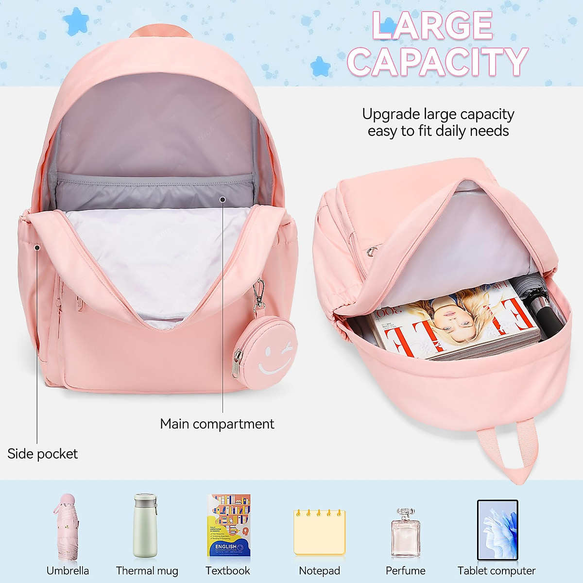 Reqinqin Kids Backpack for Girls Waterproof Large Space School Backpack Suitable for Age Over 5 years old Ultralight Pink Travel Toddler Backpack（Pink）