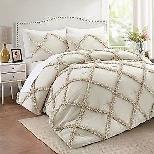 Comforter Set King Size – 3 Piece Farmhouse Bedding Set Cover Ruffle & Lightweight Comforter and Pillow Case Vintage Bedding for Bedroom as Home Chic Comforter for Luxury Comfort
