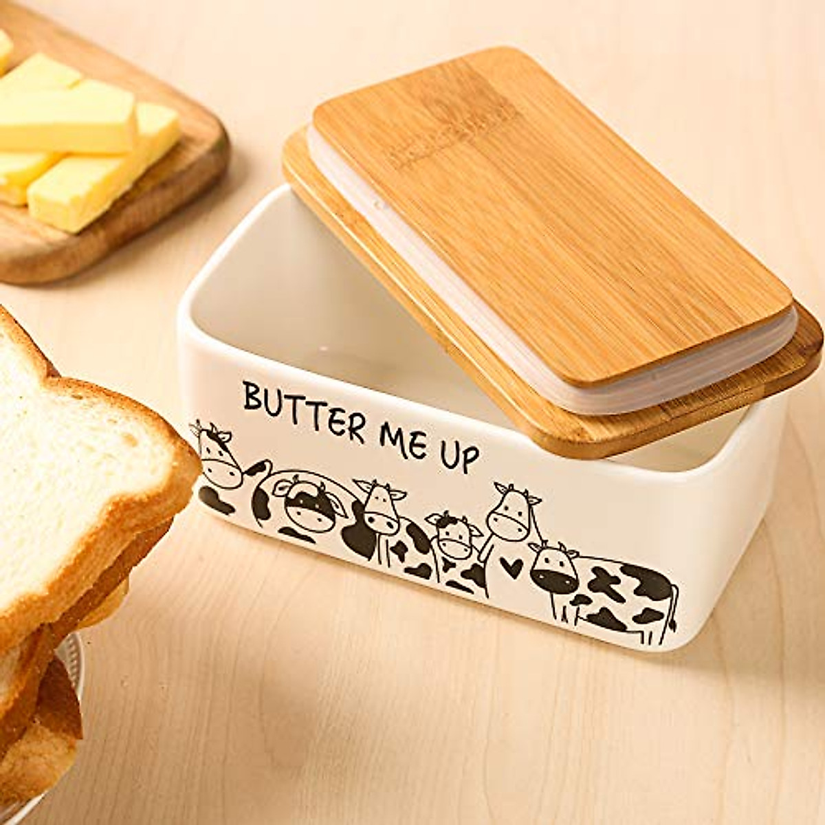 Lumicook porcelain butter dish with lid, Natural bamboo lid, seal included for airtight butter dish, butter holder easily fits 2 sticks of butter (White)