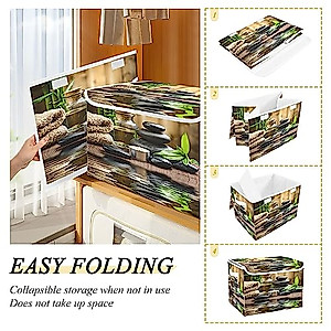 Flradish Zen Basalt Stones on Wood Large Oxford Cloth Foldable Storage with Lid and Handles Toys Clothes Storage Basket for Home Bedroom Closet Office