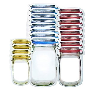 laffeya Candy Snack Bag, 20pcs Reusable Mason Bags, 8pcs Blue 1000ml 8pcs Red 500ML 4pcs Yellow150ml Mason Jar Bag, Reusable Plastic Bags Snack Bags, Freezer Kitchen Organizer