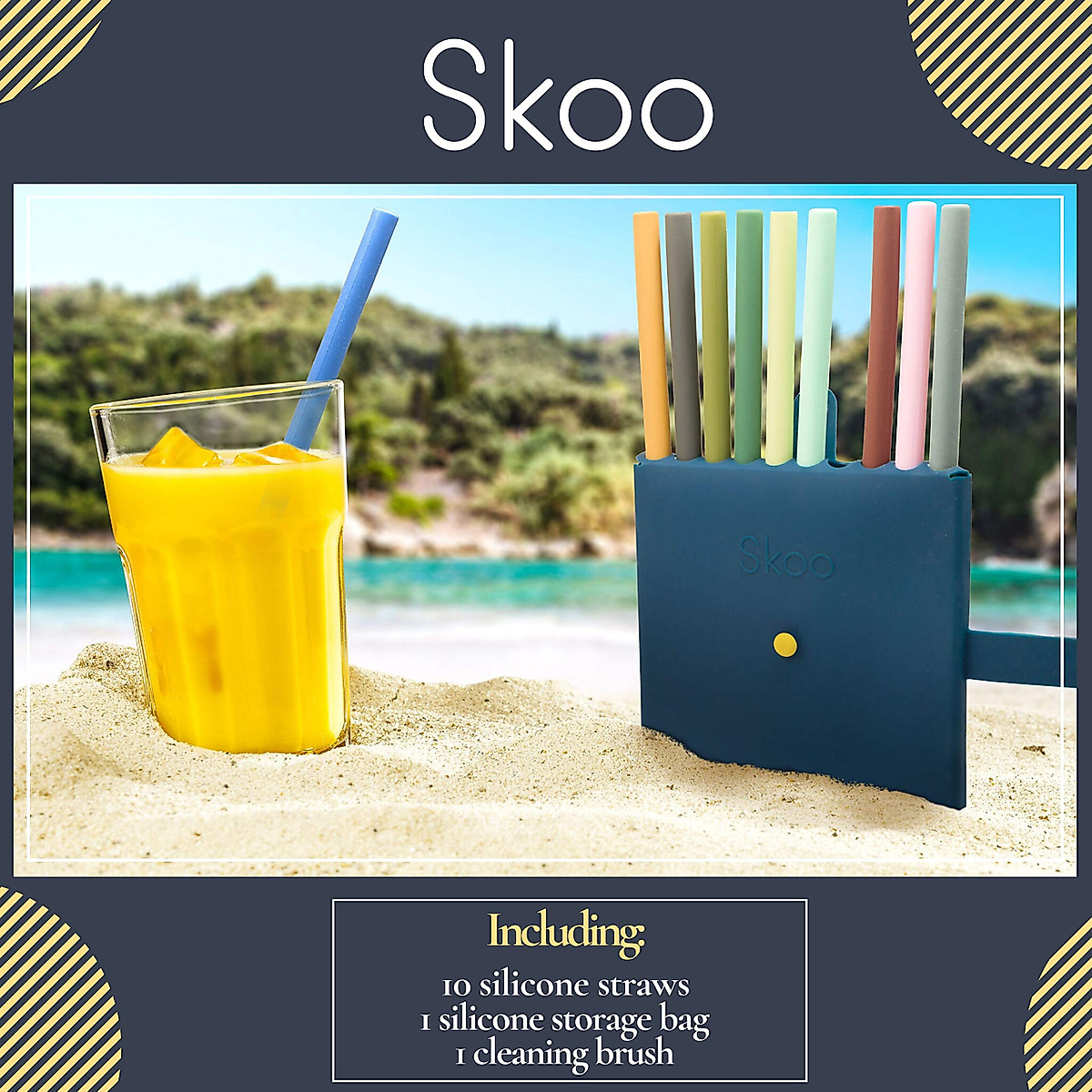 Skoo - Set of 10 Silicone Drinking Reusable Straws + Silicone Case Holder + Cleaning Brush - Jumbo Smoothies and Cocktails - Large and Thick Boba Straws Set Extra Wide - 10 inch Straight Long 0.4 Dia