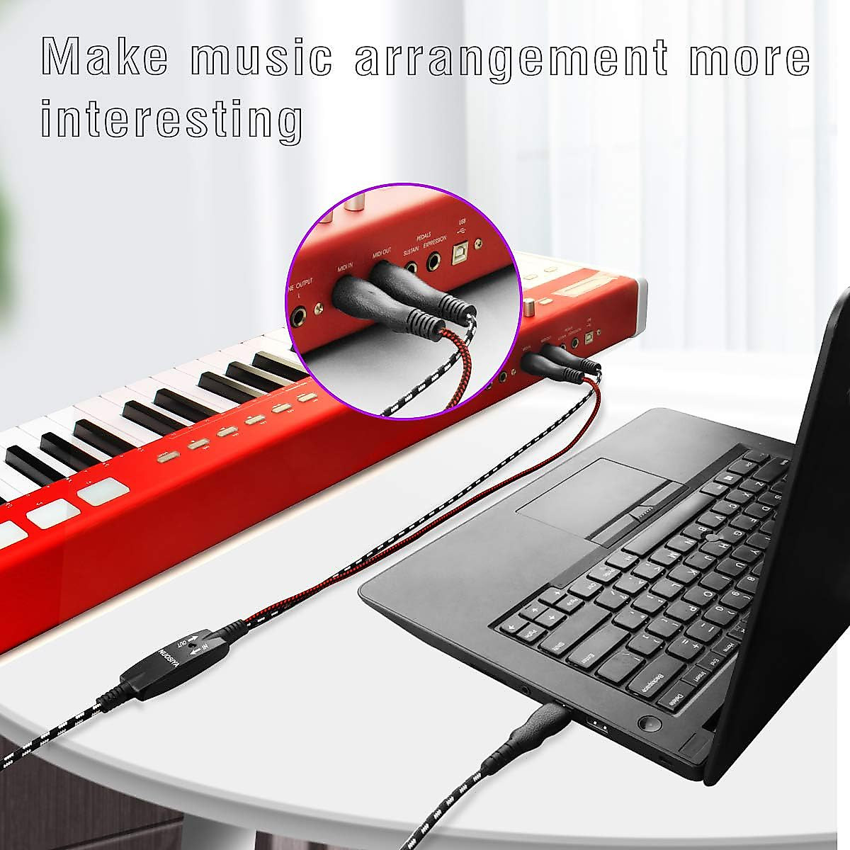 NUOSIYA MIDI Cable, MIDI to USB Interface Cable 4.5FT,MIDI Interface in-Out to USB Cord Adapter with Indicator for Piano Keyboard to PC Mac Laptop,Arranger Keyboard Tool