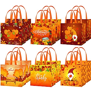 HOWAF 12Pcs Happy Thanksgiving Non-Woven Bags, Thanksgiving Party Favor Bags with Handle, Give Thanks Maple Leaves Pumpkin Treat Bags, Fall Themed Candy Goodie Bags for Thanksgiving Day Supplies