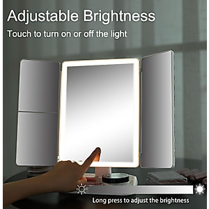 Make up Mirrors Lighted Magnifying Stand up 1x/2x/3x Mirror With Lights For Vanity Desk,Foldable LED Beauty Mirror With 3 Color Lighting Modes Touch Control Portable for Personal Mirrors,White